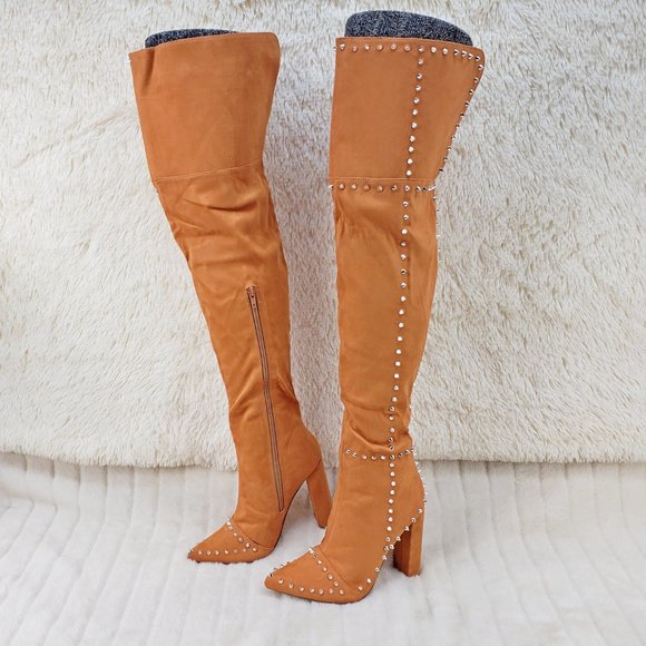 Pazzle | Shoes | Steph Camel Tan Suede Studded Chunky Heel Thigh High ...